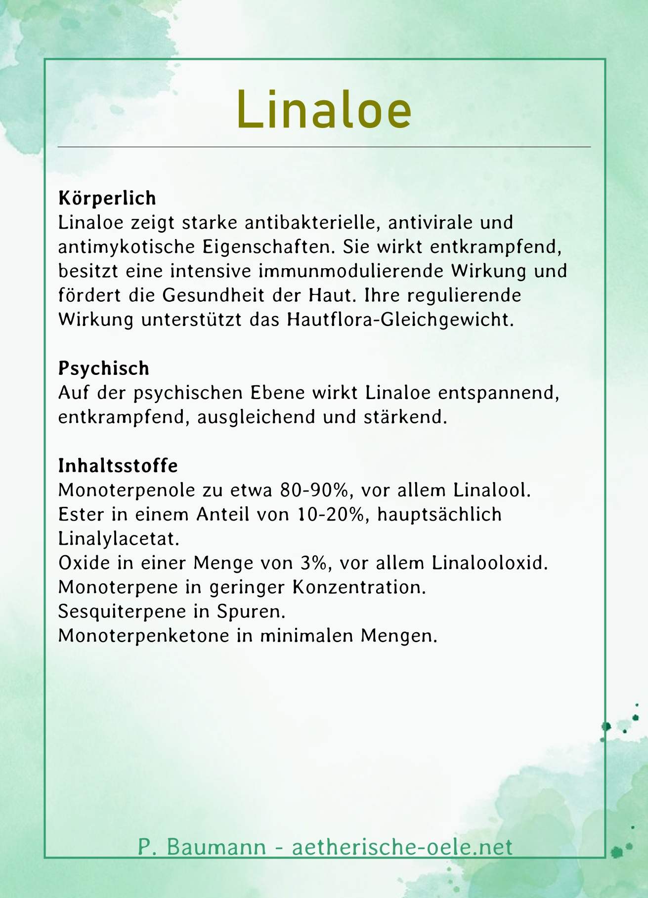 Linaloe - Aromatherapie - Aromapflege - Ätherische Öle
